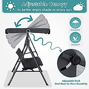 Haddockway 3-Seater Outdoor Adjustable Canopy Swing Chair,Porch Swing with Stand,Armrests,Textilene Fabric,Steel Frame,Patio Swing with Canopy for Garden,Backyard,Balcony,Poolside (Deep Grey)