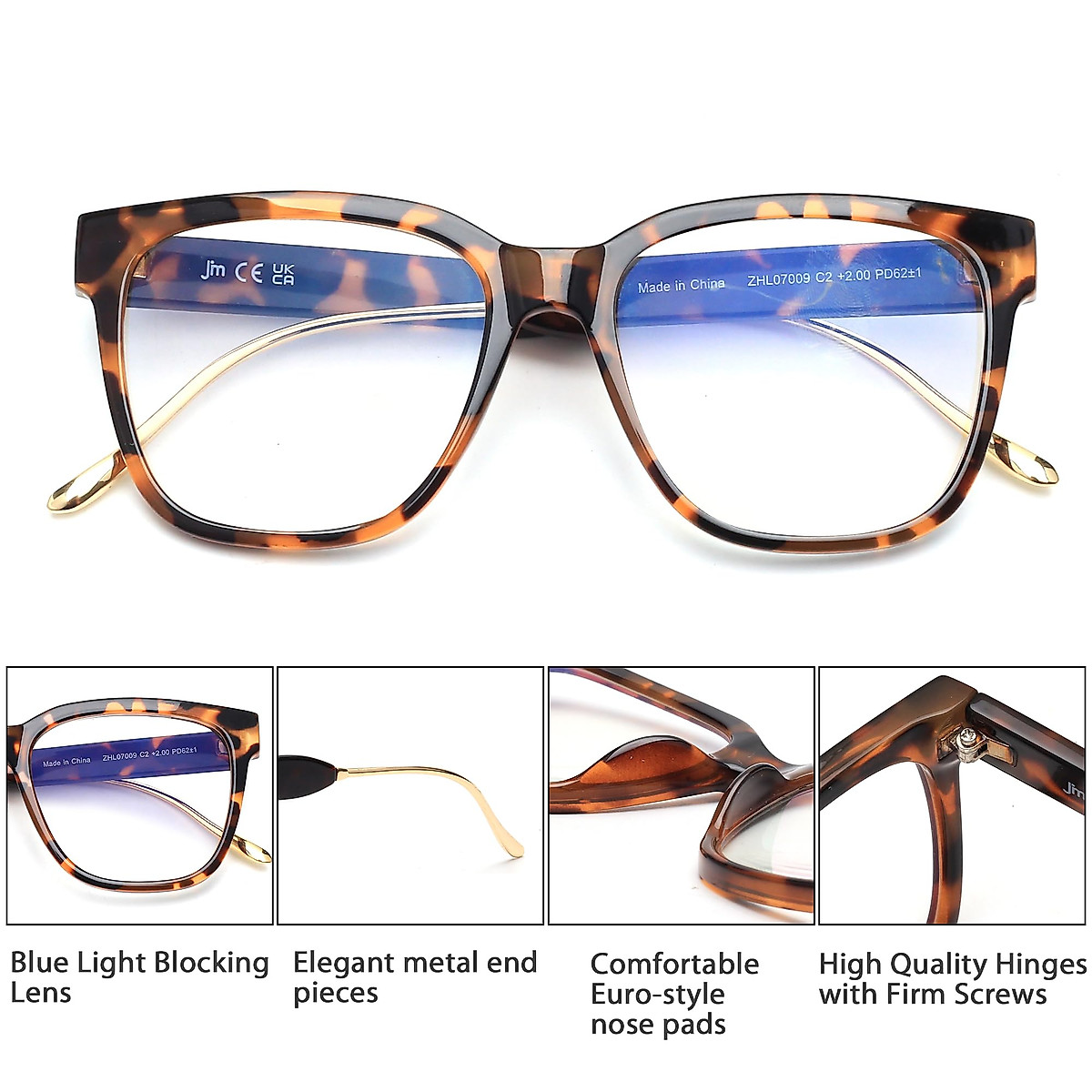 JM 3 Pack Classic Square Reading Glasses for Women Men, Retro Trendy Oversized Square Blue Light Blocking Readers +1.75