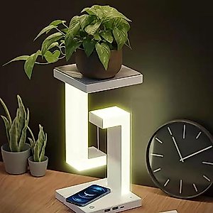 Teocary Suspension Style Sensor Cabinet Lamp, Wireless Charging of Mobile Phone, 𝑨𝒏𝒕𝒊-Gravity Desk Lamp LED Night USB Bedroom Sleep Light Reading Table White, 4.72*4.72*8.66In