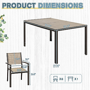 JUMMICO Outdoor Dining Set 7 Piece Patio Furniture Set with Weather Resistant Table and 6 Textilene Chairs for Yard, Deck and Poolside (Brown)