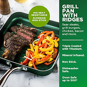 Granitestone Green Nonstick Grilling Pan Diamond Infused, Metal Utensil Sear Ridges for Grease Draining, Stainless Steel Stay Cool Handle, Oven & Dishwasher Safe, 100% PFOA Free, 10.5"