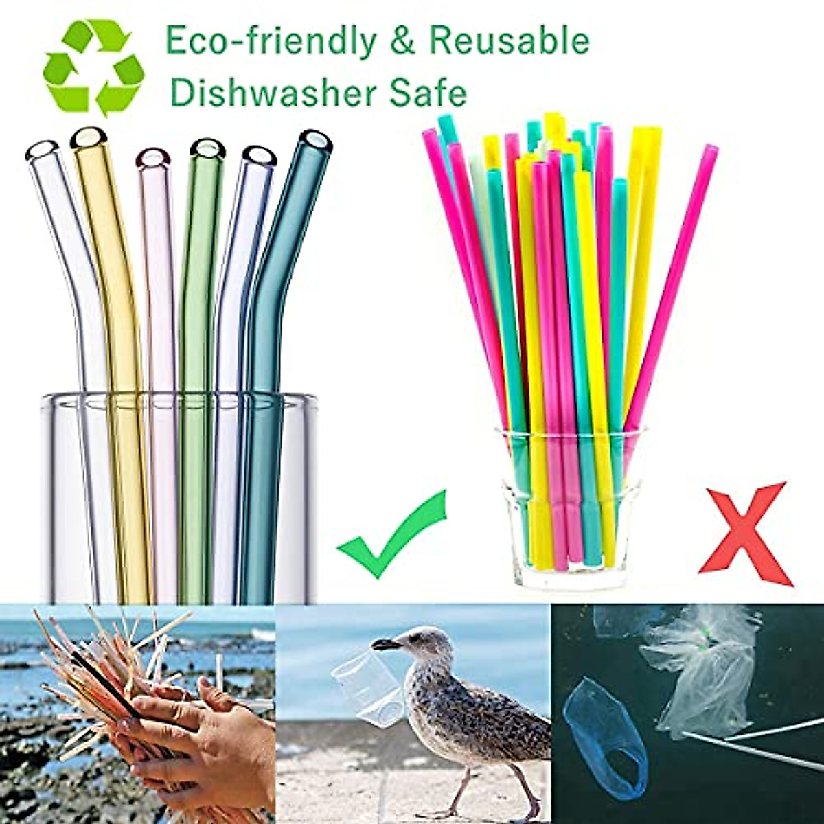 Reusable Glass Straws, 8mm Straight Bent Glass Drinking Straws, 4 Pcs Straws with Cleaning Brush, BPA Free Eco Friendly Glass Straws for Beverages, Shakes, Milk Tea, Juices, Cocktail (Pink)