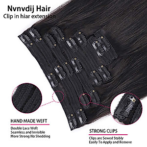 Nvnvdij Straight Clip in Hair Extensions Human Hair 8pcs Per Set with 18Clips Double Weft Clip in Human Hair Extensions Natural Black Color For Women (14 Inch, Straight Hair)