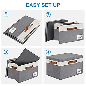 PFFVRP Large Storage Bins with Lids, Foldable Fabric Storage Baskets with Lids, Sturdy Storage Boxes with Labels and 3 PU Handles for Closet Home Bedroom Office (26L, Grey&White)