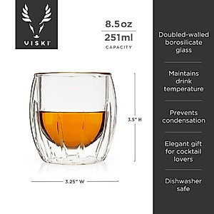 Viski Double-Walled Spirits Glasses, Insulated Liquor Tumblers with Cut Crystal Design, Dishwasher Safe 8.5 Oz, Clear, Set of 2
