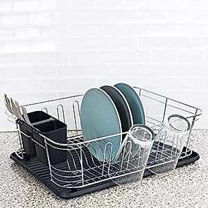 JOEY'Z Large Black Contempo 3 Piece Dish Rack Sink Set with Removable Drainboard, Cup Holders & Utensil Holder - Heavy Duty Chrome Coated Wire - 17.5" x 13.5" x 5.5"