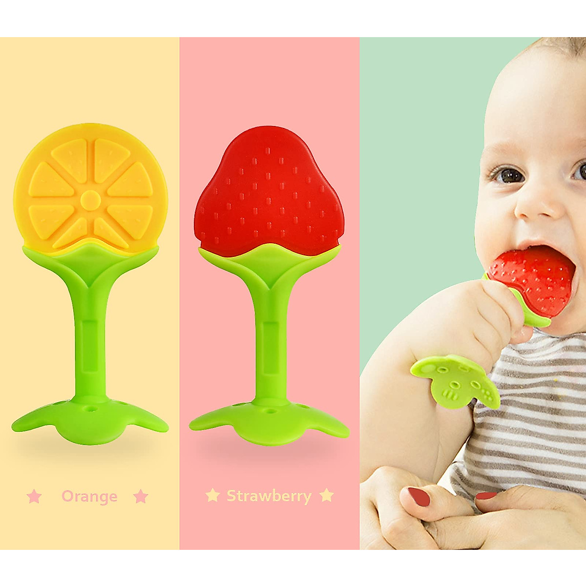 Baby Teething Toys, Alled Teethers for Newborn Infants Girls Boys, Teething Toy Silicone Freezer Safe,Freezable Teether with Baby Fruit Feeders/Hollow Teething Tubes/Holder Strap Clip/Storage Case
