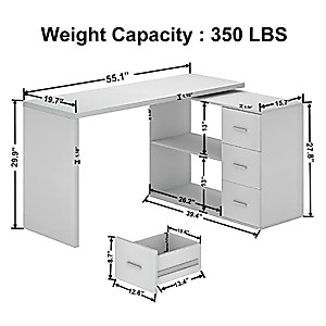 HSH White L Shaped Desk with Drawers Shelves, L Shaped Computer Desk with Storage Cabinet, Corner Home Office Desk for PC Executive Writing Study Work, Reversible Bedroom Wood Computer Table, 55 Inch