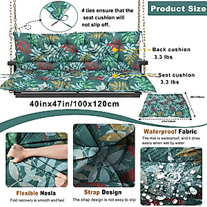 HIYEN Porch Swing Cushions 3 Seater Replacement, Waterproof Bench Cushions for Outdoor Furniture with Backrest, 4" Thickened Patio Swing Cushion with Ties (Flower, 47 * 40 inch)