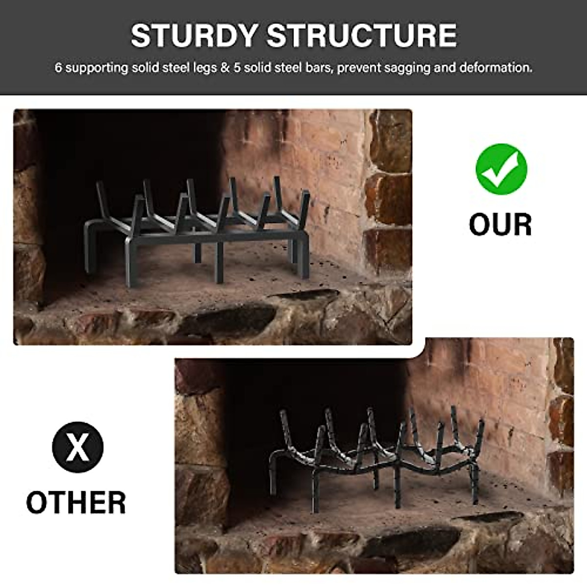 SNOGSWOG 17" Fireplace Grate, 1/2" Solid Steel Firewood Burning Rack, Heavy Duty Fire Grates, Matt Black Fireplace Rack, 5-Bars Fireplace Log Grate Holder