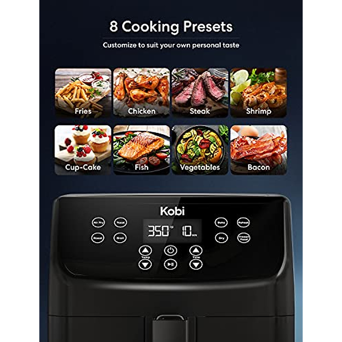 Kobi Air Fryer, XL 5.8 Quart,1700-Watt Electric Hot Air Fryers Oven & Oilless Cooker, LED Display, 8 Preset Programs, Shake Reminder, for Roasting, Nonstick Basket, ETL Listed (100 Recipes Book Included) (Black)