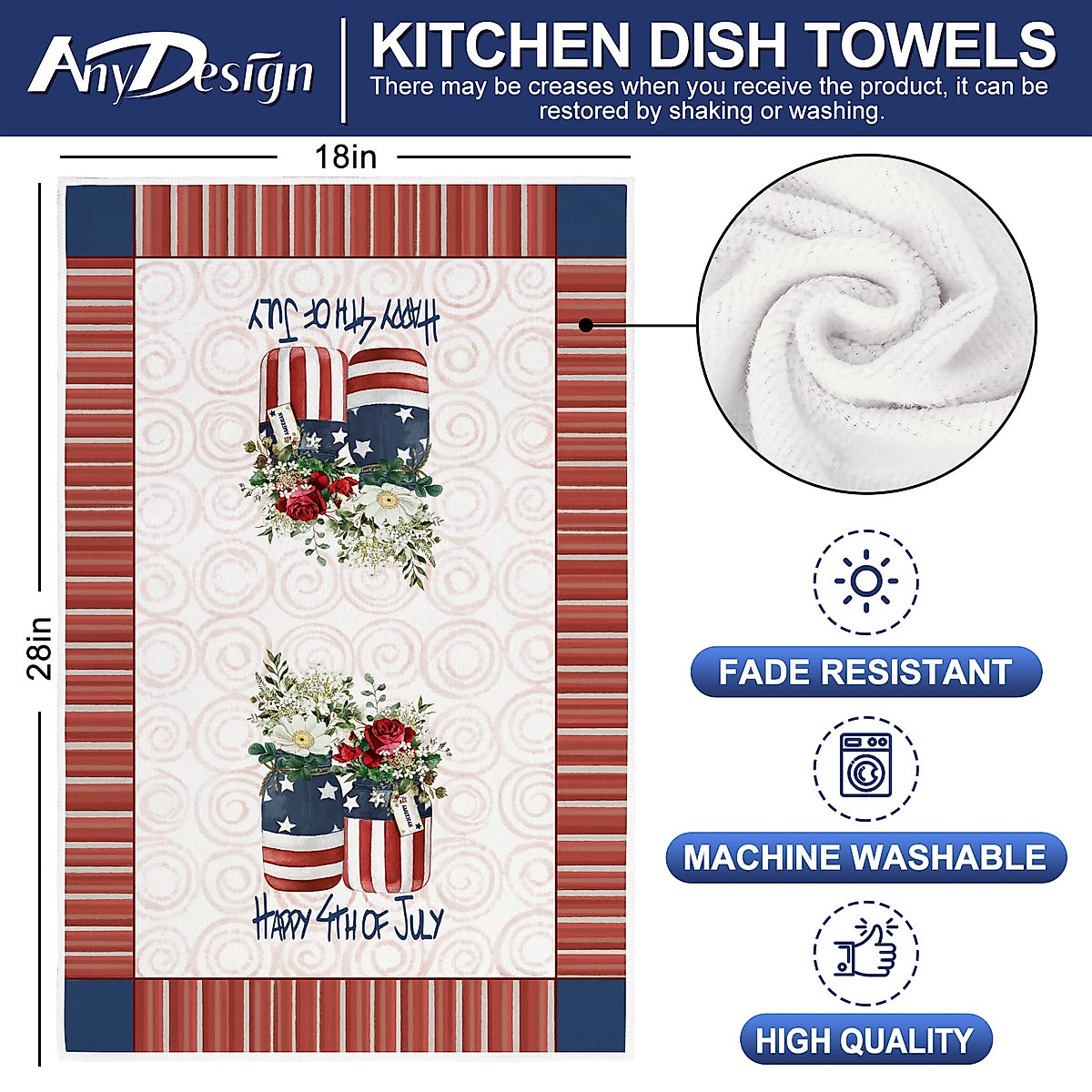 AnyDesign Happy 4th of July Kitchen Towel God Bless America Dish Towel 18 x 28in Patriotic American Flag Truck Flower Vase Hand Drying Tea Towel for Independence Day Memorial Day Cooking Baking, 2Pcs