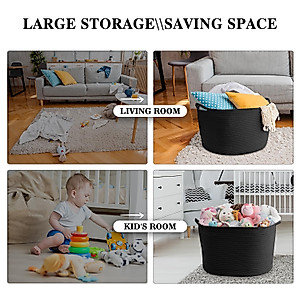 Blanket Basket Living Room, Cotton Rope Basket for Storage, Maliton Woven Extra Large Basket, 22" x 14" Nursery Laundry Basket with Handles, Toy Storage Basket Bin for Baby and Pet, Black