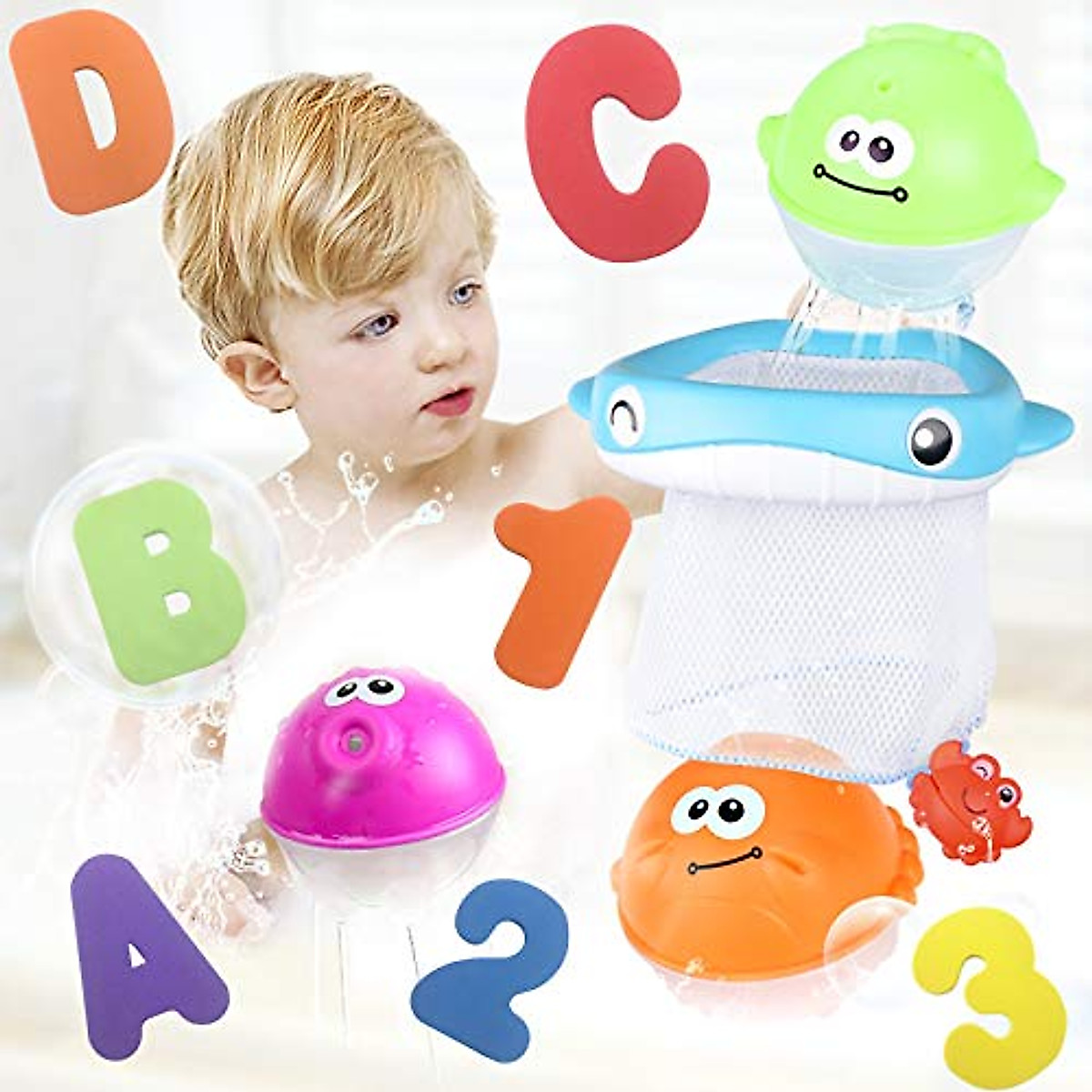 Bath Toy Sets, 36 Foam Bath Letters and Numbers, Floating Squirts Animal Toys Set with Fishing Net and Organizer Bag, Fish Catching Game for Babies Infants Toddlers Bathtub Time