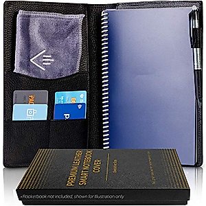 Genuine Leather Folio Cover Compatible with Rocketbook Everlast, Wave, Fusion, Panda | A5 Size Portfolio Organizer with Pen Loop | Fits Executive A5 Size Notebook 6" x 8" | Black