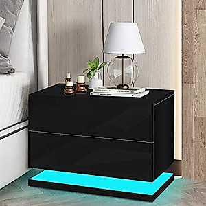 CNCEST Bedroom LED Nightstand, Modern High Gloss Nightstand Side End Table, Nightstand Storage Cabinet, Table Cabinet with 2 Drawers for Living Room Bedroom (Black-50x35x43cmcm)