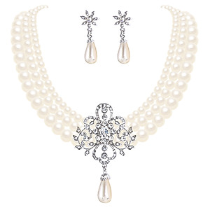 EleQueen Women's Silver-Tone Ivory Simulated Pearl Crystal Victorian Style Statement Necklace Earrings Bridal Wedding Sets