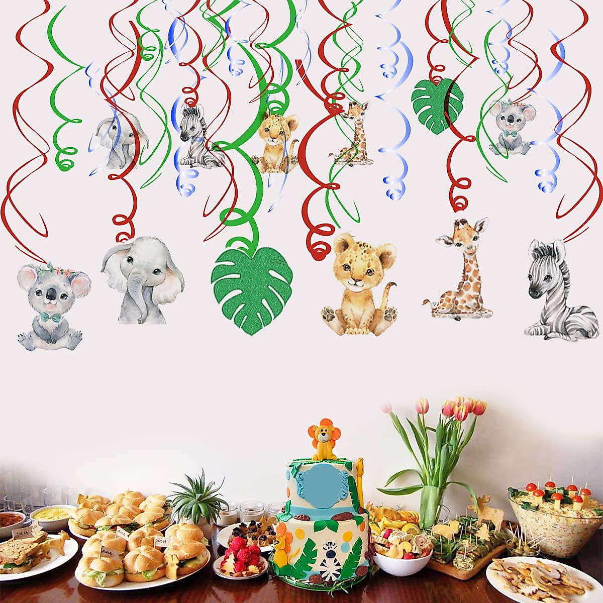 30Pcs Wild One Hanging Swirls Ceiling Streamers Decorations, Jungle Safari Animal Birthday Party Supplies,Jungle Baby Shower Decorations