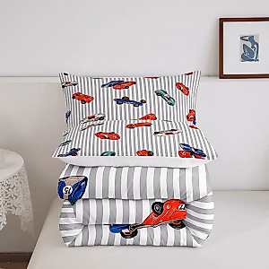 Feelyou Race car Comforter Set Speed Sports Car Bedding Set Racing Car Comforter White Grey Quilted Duvet Set for Kids Boys Girls Microfiber Twin