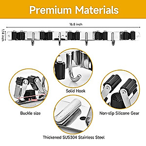 Kozci Mop and Broom Holder Wall Mount, Non-Slip Broom Organizer Wall Mount Self Adhesive Broom Hanger with 5 Racks 4 Hooks Stainless Steel Tools Rack Broom Storage Organizer for Kitchen Garden Garage