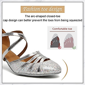 DKZSYIM Glitter Women Latin Dance Shoes Closed Toe Ballroom Salsa Tango Practice Performence Party Dancing Shoes,512-Silver-5,10 US