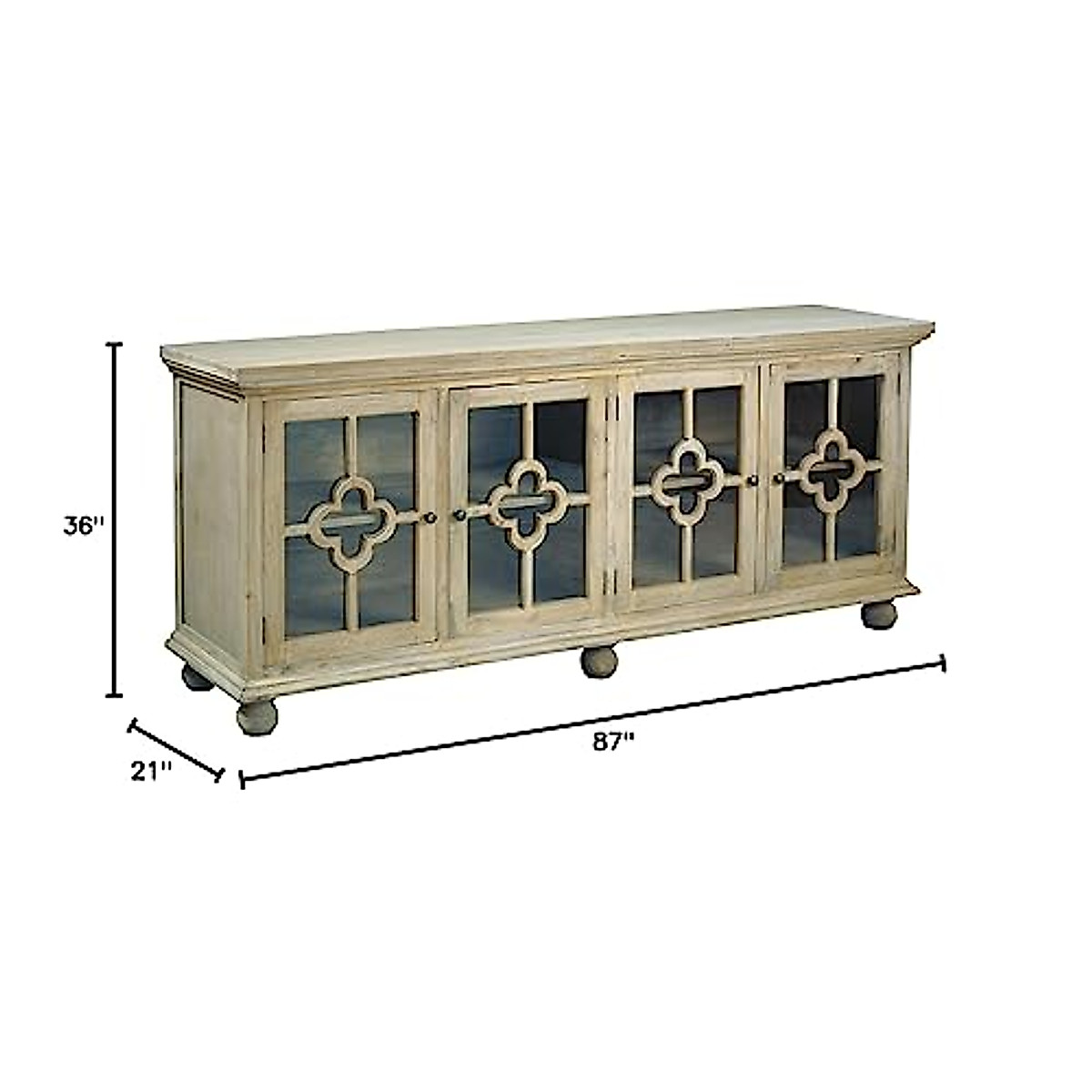 Sunset Trading Cottage Clover Glass Door Credenza Solid Wood Display Cabinet | Fully Assembled Sideboard Buffet Server, 87" Wide, Distressed Driftwood Brown