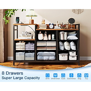 Casaottima Dresser for Bedroom with Charging Station, 52" Long Dresser with 8 Storage Drawers, Large Fabric Dressers Chests of Drawers with Shelves, Black and Vintage