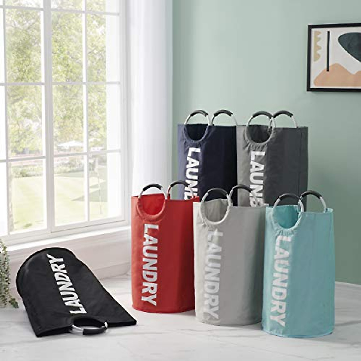 82L Large Thicken Laundry Basket Collapsible Fabric Laundry Hamper Foldable Heavy Duty Clothes Bag Portable Washing Bin Waterproof Cloth Hampers Storage with Durable Aluminum Handles (Dark Blue)