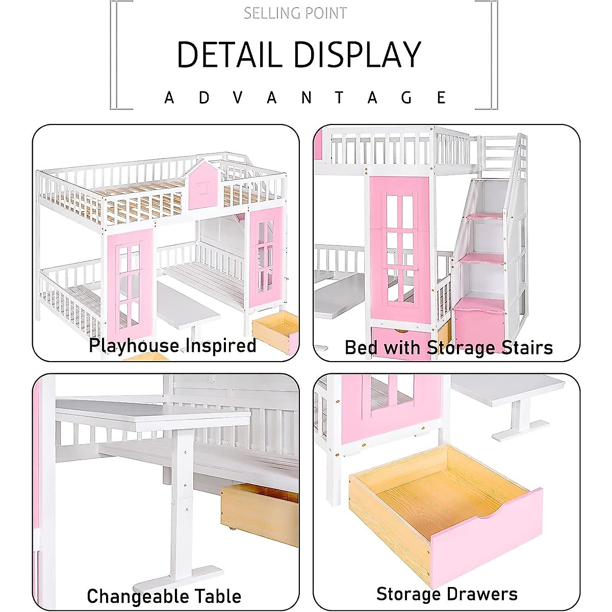MERITLINE Full Loft Beds with Stairs and Desk, Wooden Castle Shaped Full Over Full Bunk Bed with Changeable Desk,Storage Bunk Bed with Drawers for Kids Girls Boys Teens, Pink
