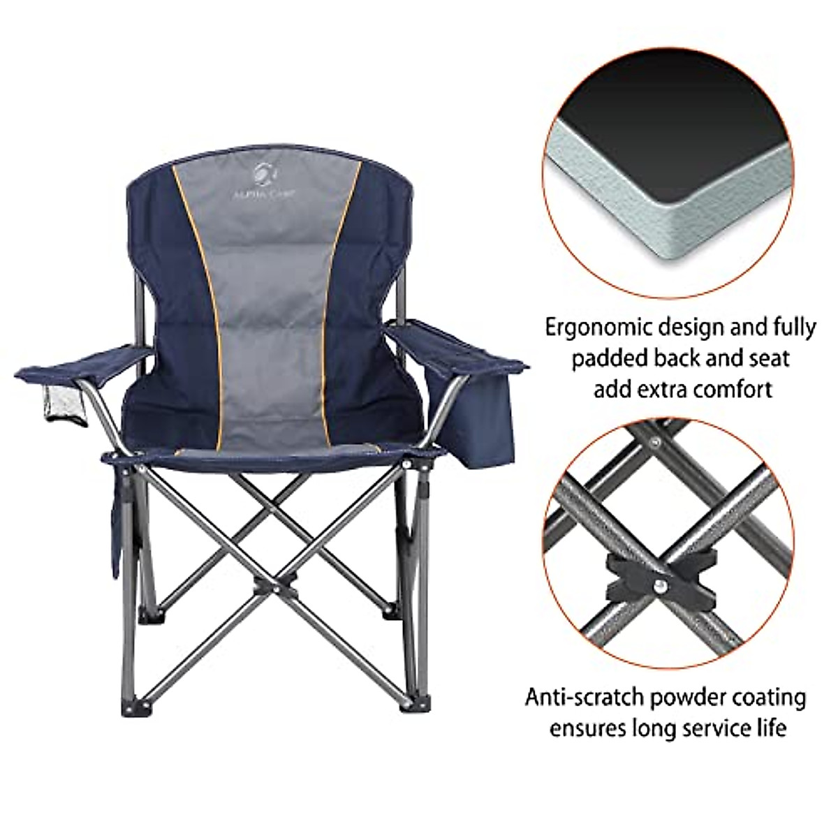 ALPHA CAMP Oversized Folding Camping Chair, Heavy Duty Portable Lawn Chairs with Cooler Bag, Side Pocket & Cup Holder, Folding Chairs for Outside Support 450 LBS