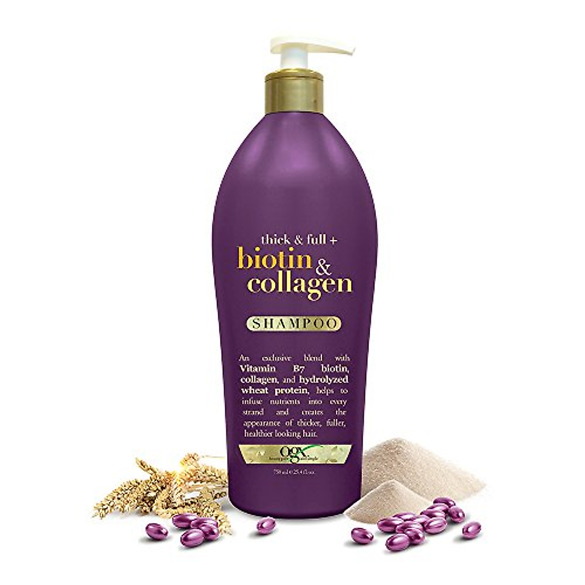 OGX Thick & Full Biotin & Collagen Shampoo, Salon Size 25.4 Ounce Bottle w/ Pump, Paraben Free, Sulfate Free, Sustainable Ingredients, Nourishing and Strengthening