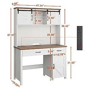 Vabches Farmhouse 47" Desk, Executive I-Shape with 3 Drawers, Storage Cabinet, Hutch, Charging Hub for Home Office