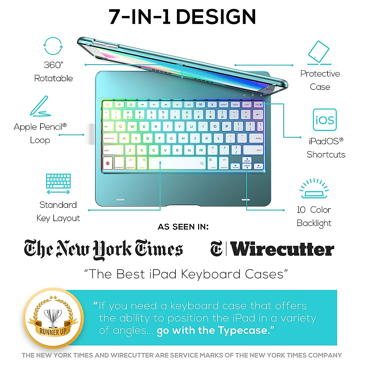 YEKBEE Case with Keyboard for iPad 9th Generation (10.2", 2021) | 360° | 7 Modes | Backlit | 12 Colors | Thin, Light & Protective for iPad 9, 8th & 7th Gen, Air 3, Pro 10.5 with Pencil Holder…