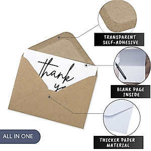 40 White Bulk Thank You Cards with Kraft Envelopes 4 x 6 in with stickers - 4 Minimalistic Designs Blank Thank You Notes with Envelopes Matt for business Wedding Bridal Baby Shower Business Graduation