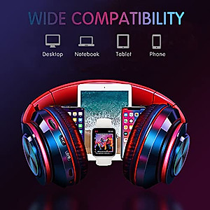 Bluetooth Headphones Over Ear for Music,LED Foldable Stereo Headphones for Gaming with Volume Control,Built in Mic,Support TF,Wired and Wireless Headset for Smart Phone/TV/PC(Black)
