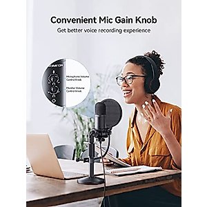 SOOMFON USB Computer Microphone Condenser Podcast Microphone for PC, Recording, Gaming, Streaming, Upgraded Mic with Height Adjustable Stand, Headphone Output, Gain and Volume Knob