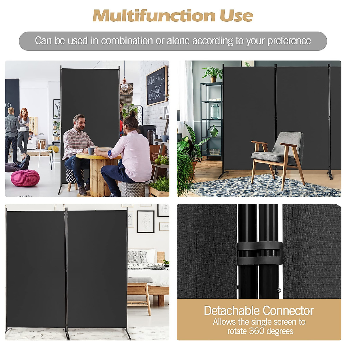 DORTALA 3-Panel Room Divider, Freestanding Folding Privacy Partition Screen with Steel Frame, Morden Room Divider for Separating Room in Bedroom, Office, Black