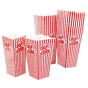 GSM Brands Popcorn Containers Boxes (100 Pack) - Striped White and Red Paper - for Home Movie Theater