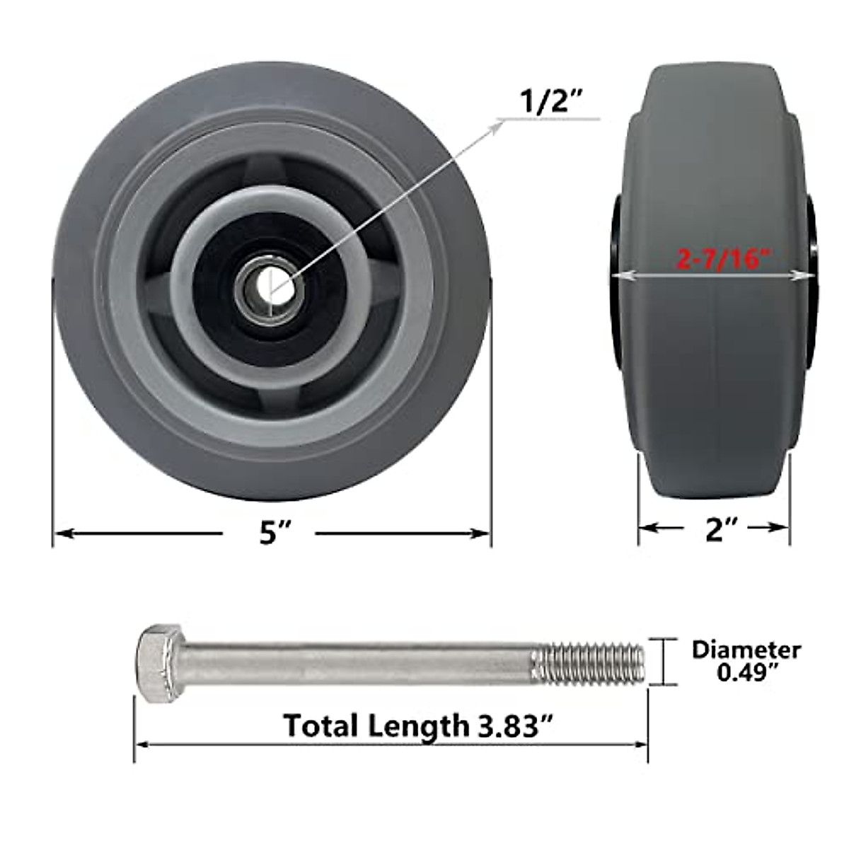 HANDSAMMU 5x2"Heavy Duty Caster Wheels -Industrial Caster Wheels,Rubber Wheels- Set of 1 with up to 400 LB Capacity