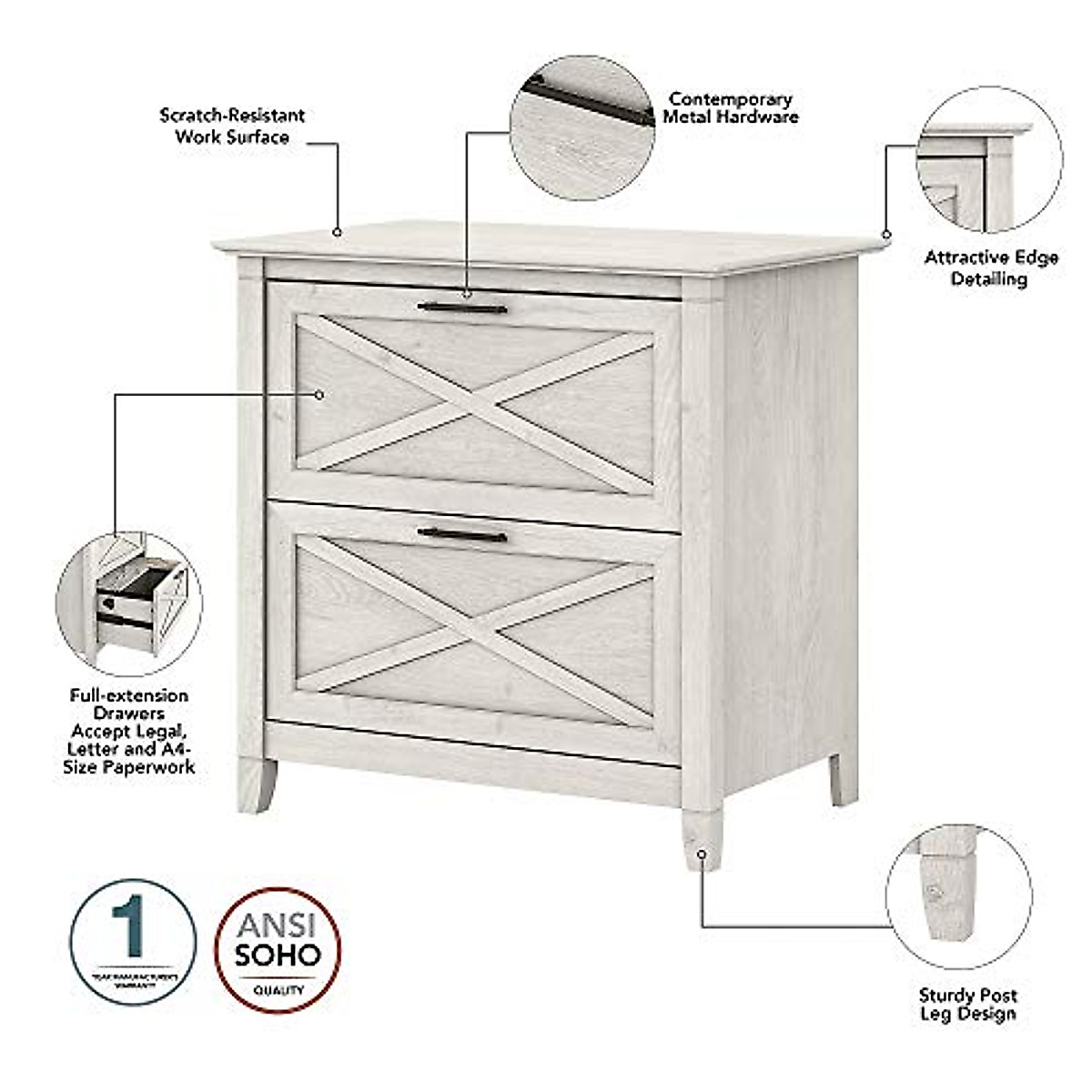 Bush Furniture Key West 54W Computer Desk with Storage and 2 Drawer Lateral File Cabinet in Linen White Oak