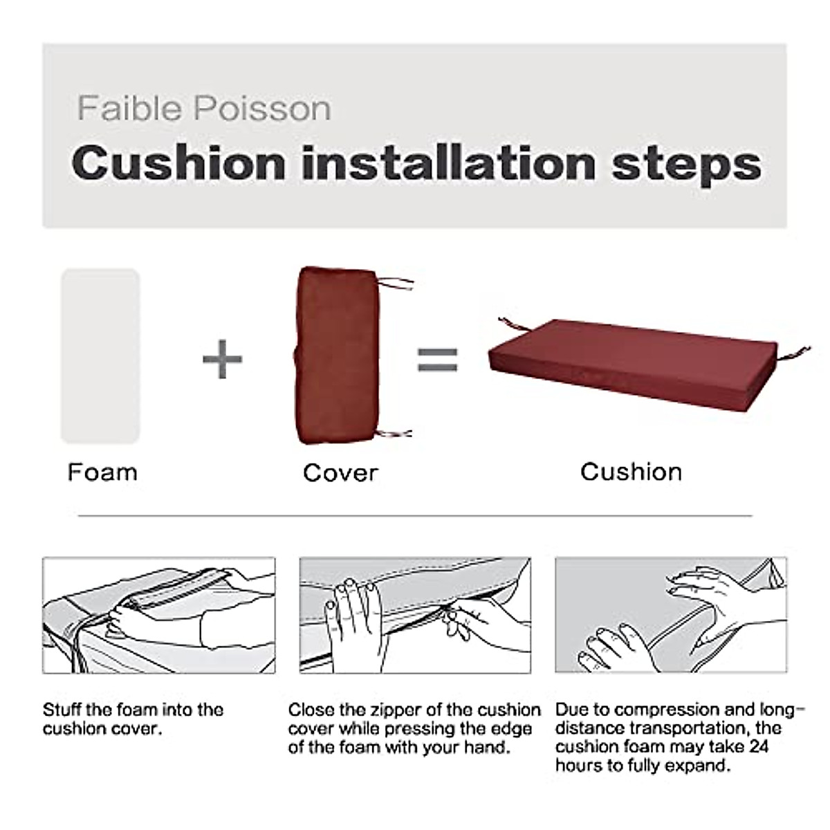 Faible Poisson Outdoor Bench Cushion, 36 x 18 Inch Waterproof Porch Swing Cushions Garden Patio Furniture Cushions with Handle and Anti-Slip Straps for Indoor Backyard Seat Pads, Burgundy