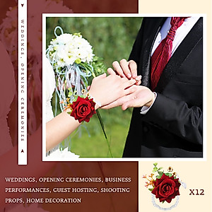 Sherr Set of 12 Rose Wrist Corsages for Wedding Corsage Flower Wristlet Floral Wedding Wrist Bridal Rose Leaf Hand Flowers for Bride Bridesmaid Prom Engagement Festival(Wine Red)