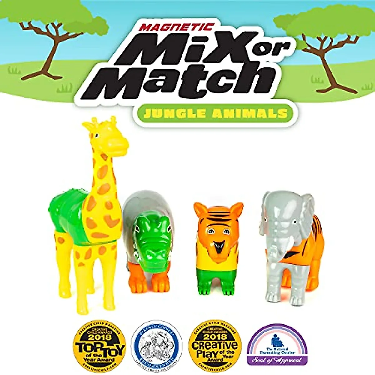 Magnetic Mix or Match Jungle Animals Toy Play Set, 16 Pieces