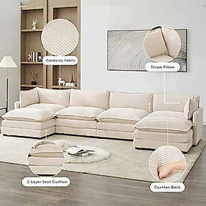 Bumblr Oversized Modular Sectional Couch with 2 Ottomans, 148" Wide Corduroy Sectional Sofa, Modern U Shaped Couch with Convertible Chaise, Extra Large 4 Seat Sofa Set, Beige