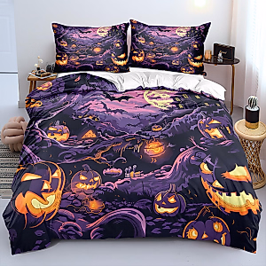 CCoutueChen Horror Ghost Face Duvet Cover Set for Kids Boys,King Size Halloween Bedding Set,Bats Castle Pumpkin Lights Pattern Comforter Cover with 2 Pillowcases, 3Pieces Soft Microfiber