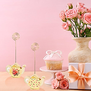 12 Pcs Teapot Wooden Place Card Holder Tea Floral Party Wooden Table Sign Teapot Picture Number Sign Stands Holder for Wonderland Tea Party Baby Shower Tea Party Name Holders