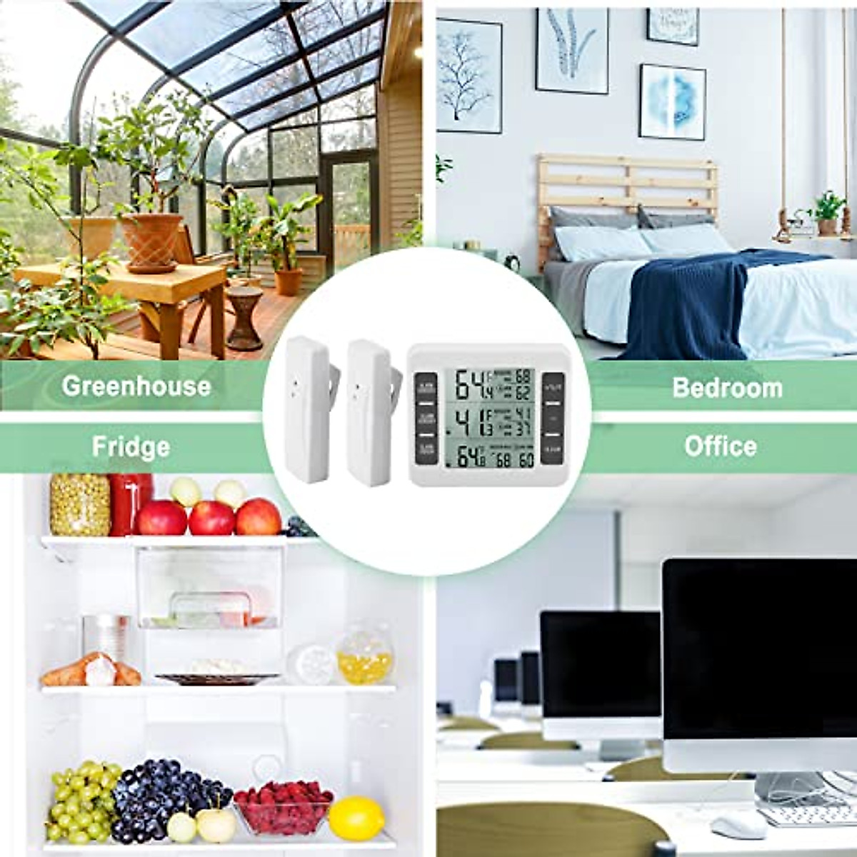 plplaaobo Therometer, 2pcs Refrigerator Temperature Sensor Wall-Mounted Wireless with Min/Maximum LCD Display, Portable Digital Alarm Thermometer with Adjustable Hanging Hook for Homes Offices