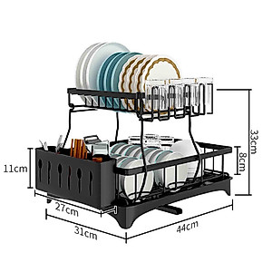 2 Tier Dish Drain Rack, with Retractable Drain Hose, Home Countertop Large Capacity Utensil Drying Rack, for Cup Dish Chopsticks Storage