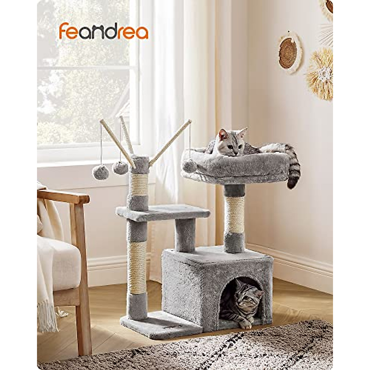 Feandrea Cat Tree, Small Cat Tower with Padded Perch, Cat Cave, 3 Pompoms, Cat Activity Center, Light Gray UPCT121W01