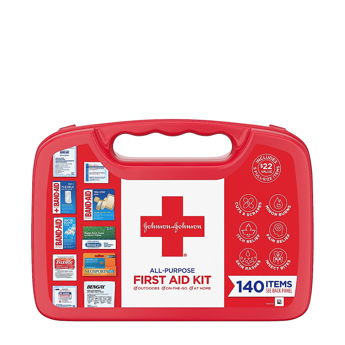 Johnson & Johnson All-Purpose Portable Compact First Aid Kit for Minor Cuts, Scrapes, Sprains & Burns, Ideal for Home, Car, Travel and Outdoor Emergencies, 140 Pieces